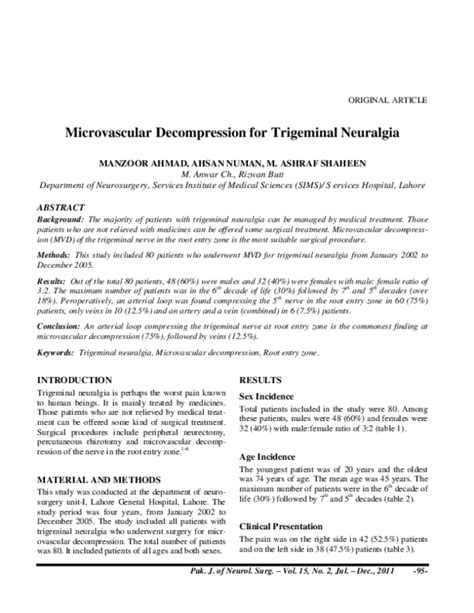 Pdf Microvascular Decompression For Trigeminal Neuralgia Rizwan Butt