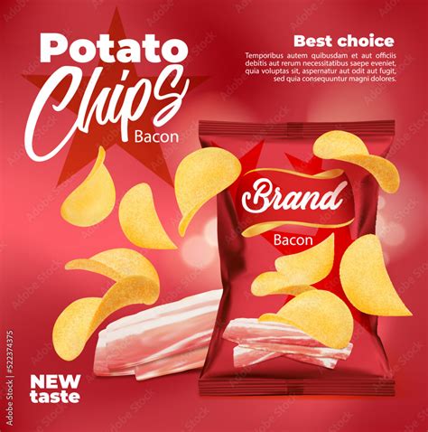 Realistic Bacon Flavored Potato Chips Snack Food Package Falling Chips With Red Bag Crunchy