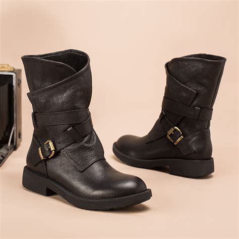 Dwarves Womens Retro Leather Mid Calf Boots For Winter Buckles Boots