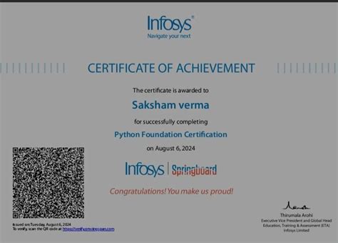 saksham verma on linkedin python certification infosys