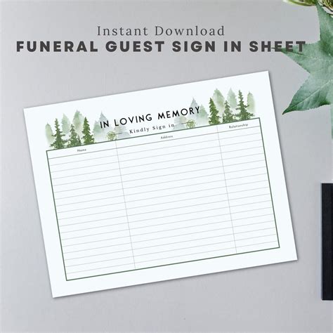 Forest Funeral Guest Sign In Sheet Modern Tree Design Pdf Download Etsy