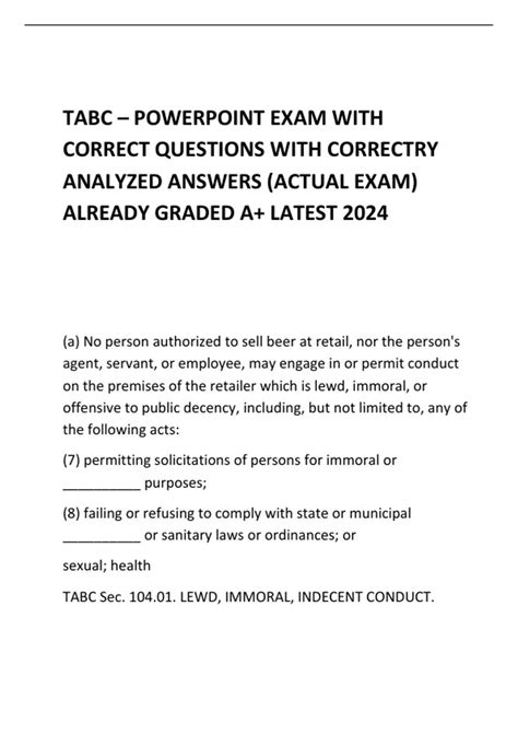 TABC POWERPOINT EXAM WITH CORRECT QUESTIONS WITH CORRECTRY ANALYZED ANSWERS ACTUAL EXAM