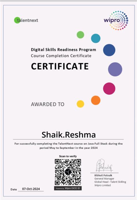 Completed Wipro Talentnext Java Full Stack Shaik Reshma