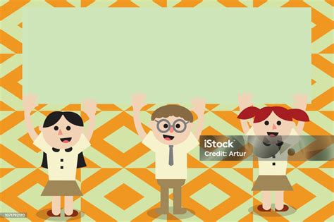 평면 디자인 비즈니스 벡터 일러스트 레이 션 빈 서식 파일 Esp 고립 된 미니 멀 그래픽 레이아웃 템플릿을 두 팔 높이 위쪽으로 세 학교 아이 들을 광고를 위한 노래 웃