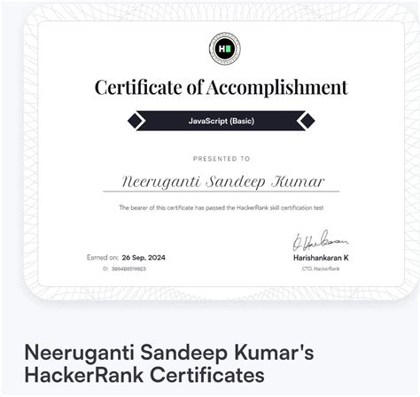 Neeruganti Sandeep Kumar On Linkedin Successfully Completed The Hacker Rank Test On Javascript