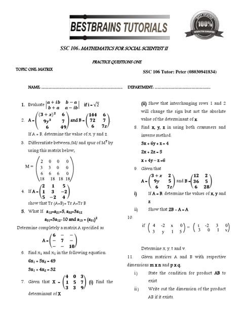 practice question matrix one pdf pdf matrix mathematics determinant