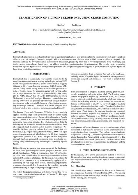 Pdf Classification Of Big Point Cloud Data Using Cloud Computing · Processing In The Industry