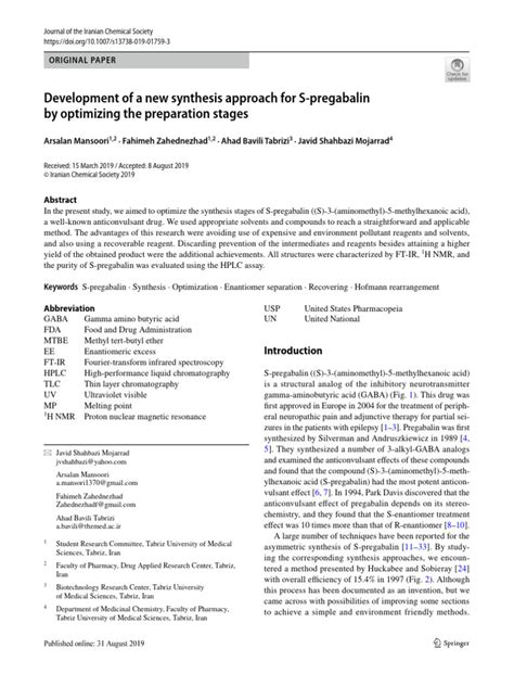 Development Of A New Synthesis Approach For S Pregabalin Pdf High Performance Liquid