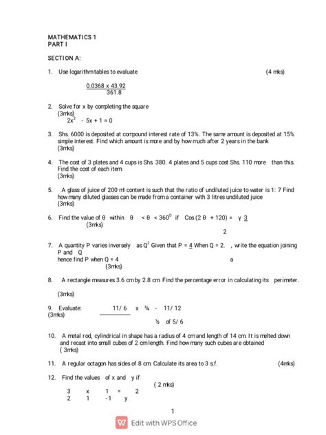 Mathematics Paper 1 Part 1 Questions And Answers Olevel Pdf