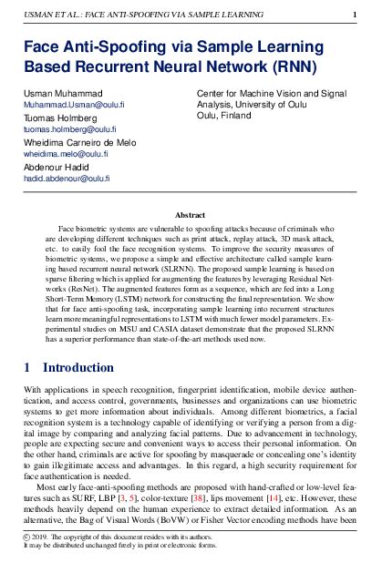 pdf face anti spoofing via sample learning based recurrent neural
