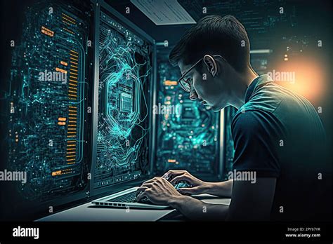 computer engineer working on laptop computer with server room data center big data storage as