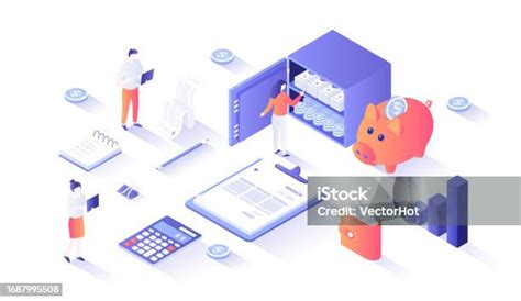 재무 계산 부기 감사 분석 보고 회계 인보이스 돼지 저금통 금고 돈 계산기 영수증 웹 그래픽을 위한 사람 장면이 있는 아이소메트리 그림 3차원 형태에 대한 스톡 벡터 아트