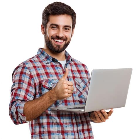 A Web Developer Holding A Laptop Smiling While Pointing At The Screen Isolated On Transparency