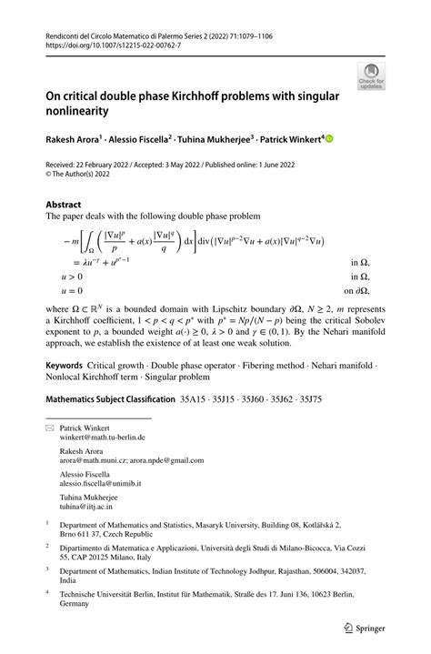 Pdf On Critical Double Phase Kirchhoff Problems With Singular Nonlinearity