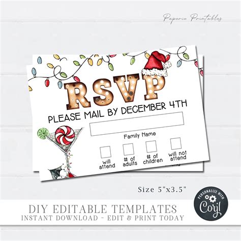 Editable Christmas Party Rsvp Cards Cocktail Theme Diy Corjl Template
