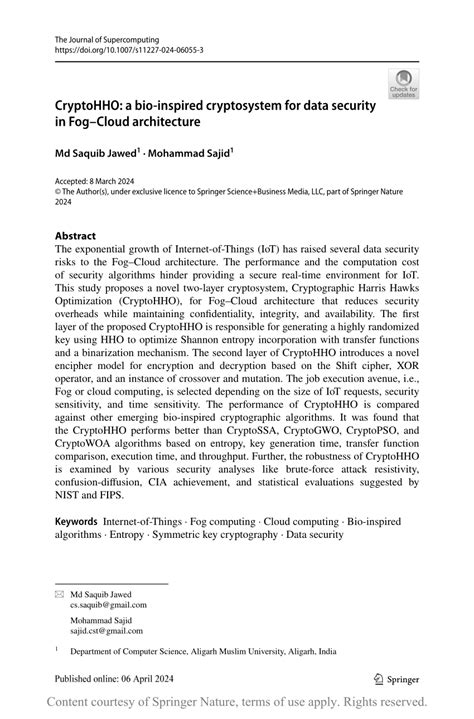 Cryptohho A Bio Inspired Cryptosystem For Data Security In Fogcloud Architecture Request Pdf