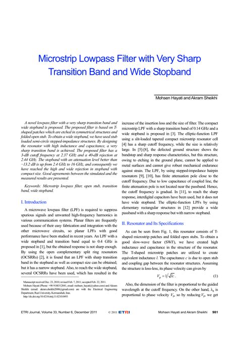 pdf microstrip lowpass filter with very sharp transition band and wide