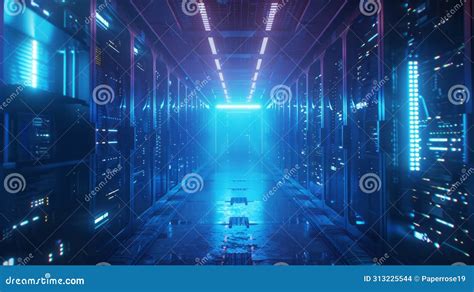 Ai Data Center With Glowing Servers Cold Blue Ambiance Low Angle Secure Digital Repository