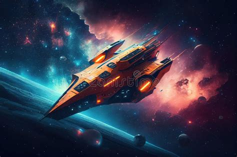 Futuristic Spaceship Drifting Through The Void Of Space With Distant Starry Background Stock
