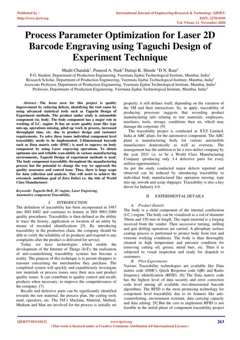 Pdf Process Parameter Optimization For Laser 2d Barcode Engraving Using Taguchi Design Of