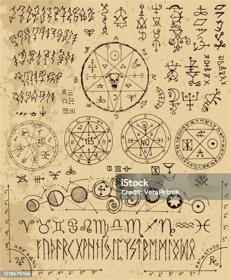 매직 글자 펜타클 룬 조디악 물개가있는 벡터 디자인 세트 초자연적인에 대한 스톡 벡터 아트 및 기타 이미지 초자연적인 오래된 점성술 기호 Istock