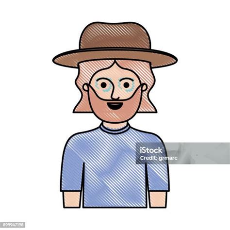 중간 길이 머리와 수염 색된 크레용 실루엣에서 남자 모자 반 몸 및 T셔츠 T 셔츠에 대한 스톡 벡터 아트 및 기타 이미지