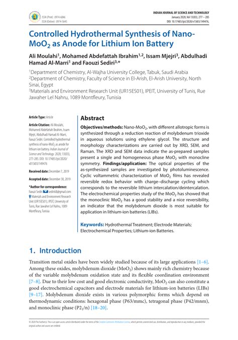 Pdf Controlled Hydrothermal Synthesis Of Nano Moo 2 As Anode For