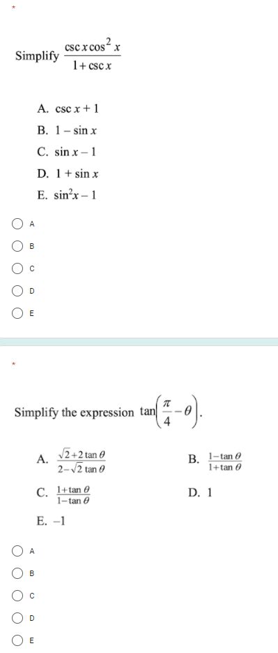 solved cscxcosx simplify 1 cscx a csc x 1 b 1 sinx