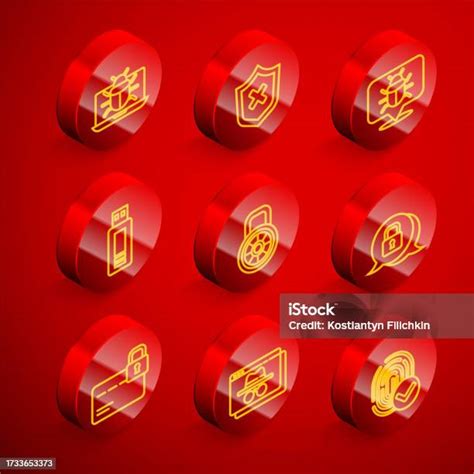 모니터의 라인 시스템 버그 설정 십자 표시가 있는 방패 Usb 플래시 드라이브 안전 조합 잠금 사이버 보안 신용 카드 및 브라우저 시크릿 창 아이콘 벡터 3차원 형태에 대한