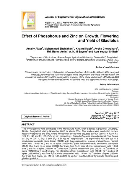 Pdf Effect Of Phosphorus And Zinc On Growth Flowering And Yield Of Gladiolus