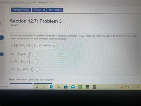 section 12 7 problem 3 1 point express the point