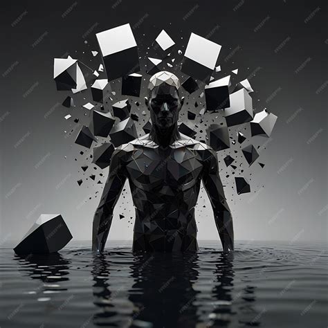 Human Figure Encircled By Floating Fragmented Geometric Shapes Creating A Dynamic Abstract
