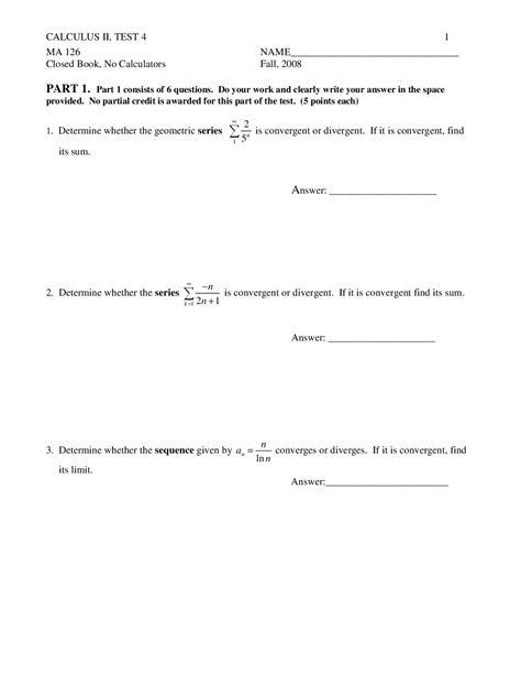 Integral Test Calculus Ii Exam Exámenes Cálculo Docsity