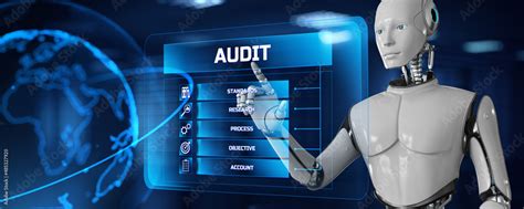 audit robotic process automation rpa concept robot pressing button on