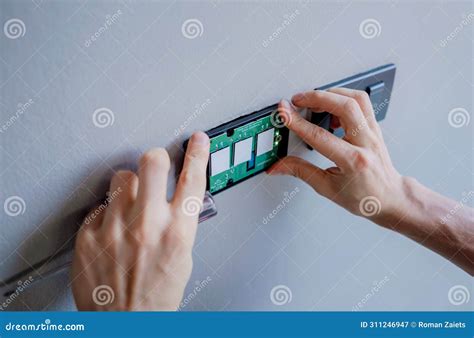 Technician Installing Sensor Light Switch At Modern Villa Stock Image Image Of Consumption