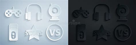 Set Star Web Camera Computer Vs Versus Battle Headphones And Gamepad Icon Vector Stock