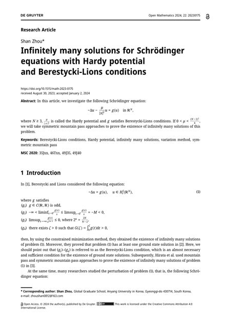 Pdf Infinitely Many Solutions For Schrödinger Equations With Hardy Potential And Berestycki