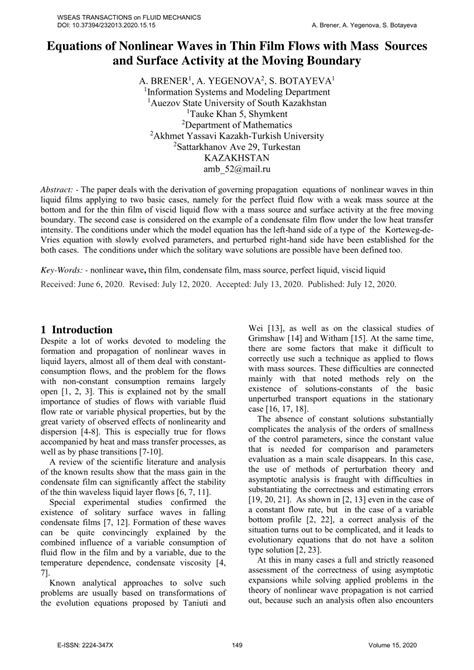 Pdf Equations Of Nonlinear Waves In Thin Film Flows With Mass Sources And Surface Activity At