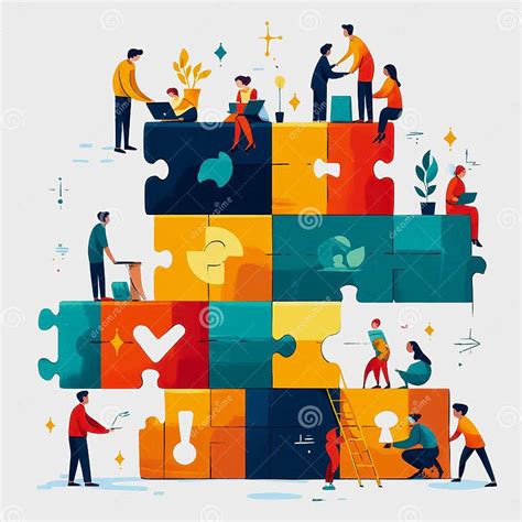 Collaborative Teamwork And Problem Solving In A Colorful Puzzle Illustration With People Engaged