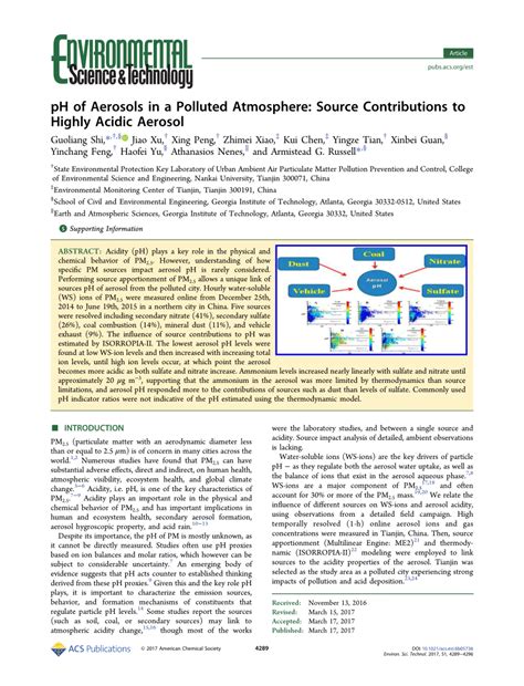 Pdf Ph Of Aerosols In A Polluted Atmosphere Source Contributions To Highly Acidic Aerosol