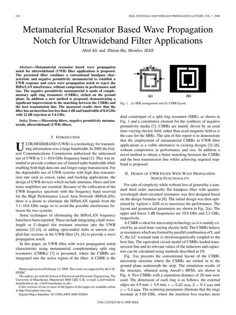 Pdf Metamaterial Resonator Based Wave Propagation Notch For
