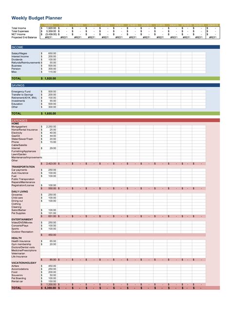 Weekly Budget Template Printable