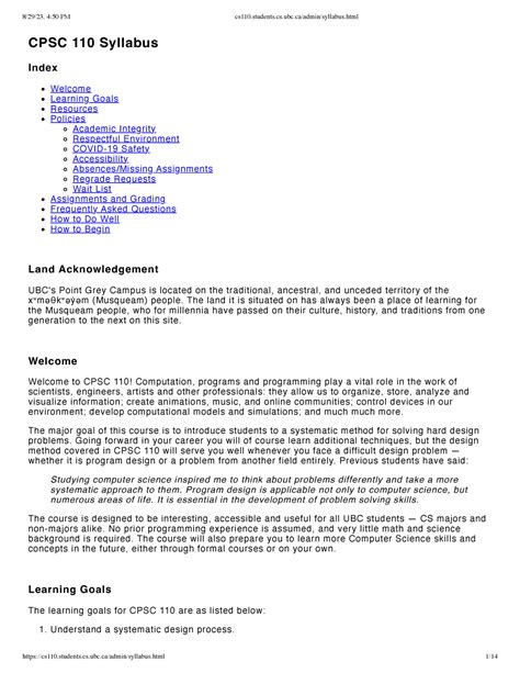 CPSC 110 Syllabus CPSC 110 Syllabus Index Welcome Learning Goals Resources Policies Academic