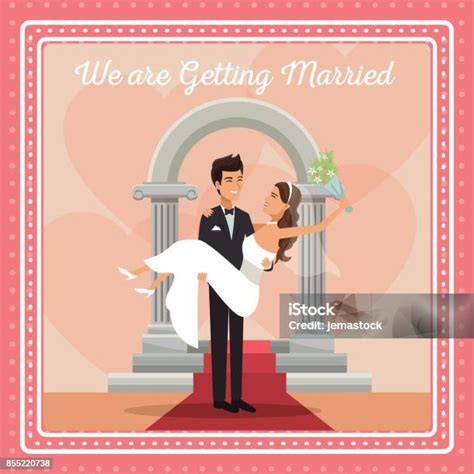 우리가 결혼 하는 손 텍스트에 꽃다발 꽃 신부 및 그녀를 들고 몇 신랑 다채로운 Gretting 카드 결혼식에 대한 스톡 벡터