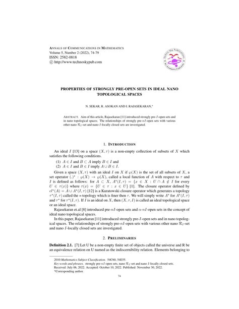 Pdf Properties Of Strongly Pre Open Sets In Ideal Nano Topological Spaces