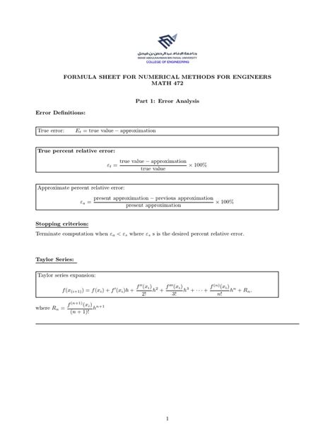 Formula Sheet Numerical Methods Dr Saeed Pdf Mathematical
