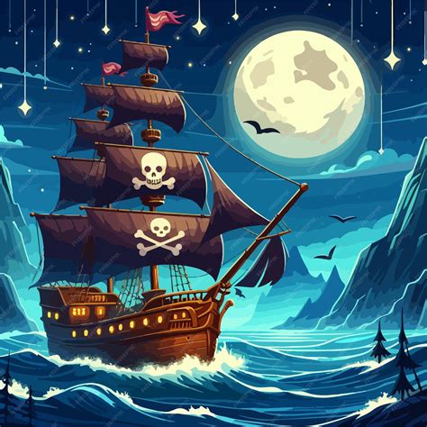 Premium Vector Ship In The Ocean Dark Theme Scary Night With Sea