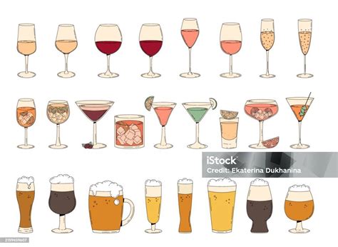 복고풍 그루비 스타일의 알코올 음료 컬렉션 여름 칵테일 와인 샴페인 맥주를 잔에 담았습니다 빈티지 벡터 일러스트 레이 션 70 년대 80 년대 맥주에 대한 스톡 벡터 아트