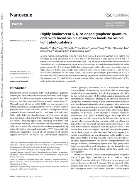 Pdf Highly Luminescent S N Co Doped Graphene Quantum Dots With Broad Visible Absorption Bands