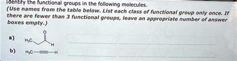 SOLVED: Identify the functional groups in the following molecules. (Use names from the table ...